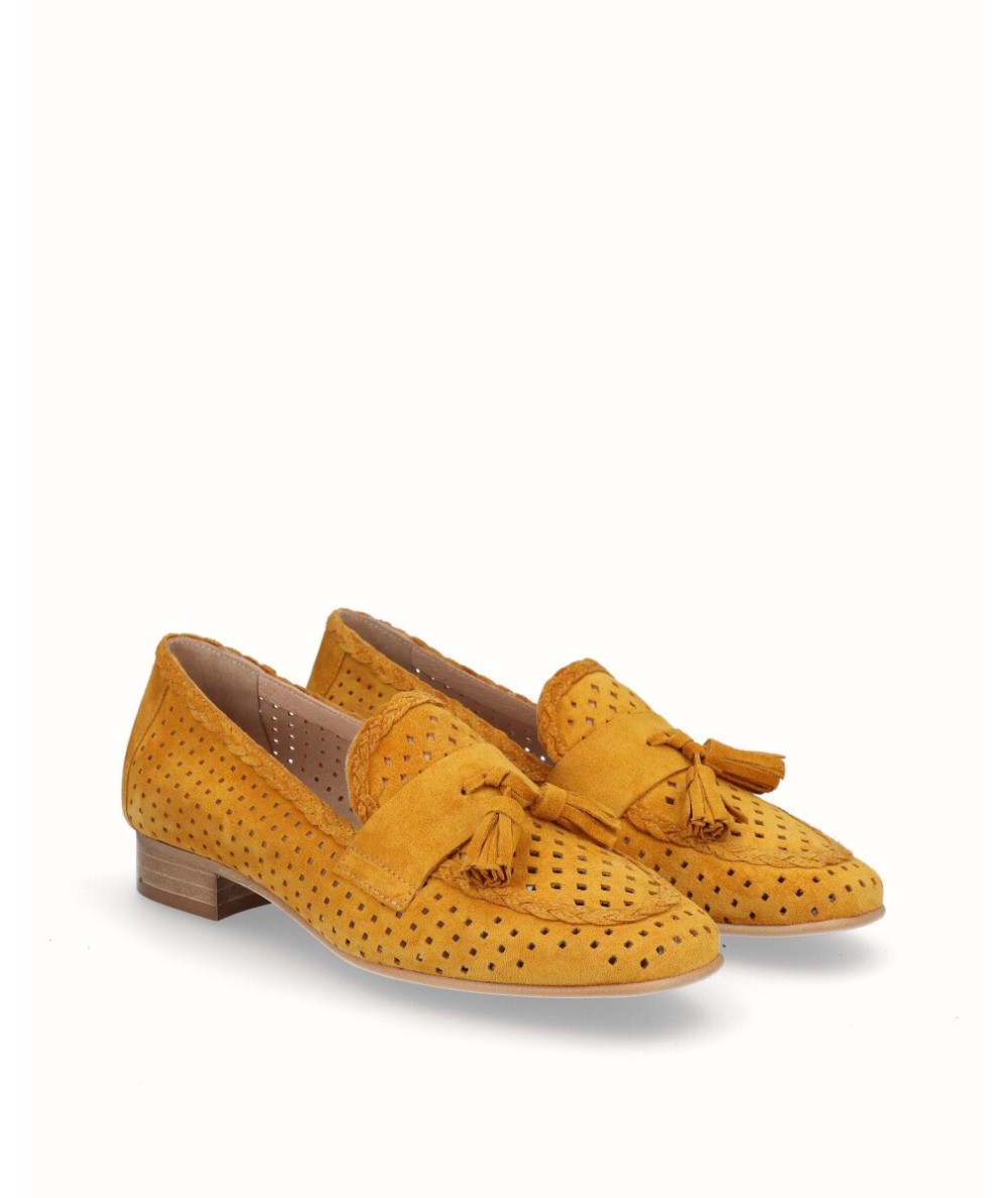 Mustard suede leather moccasin shoe with tassels trim
